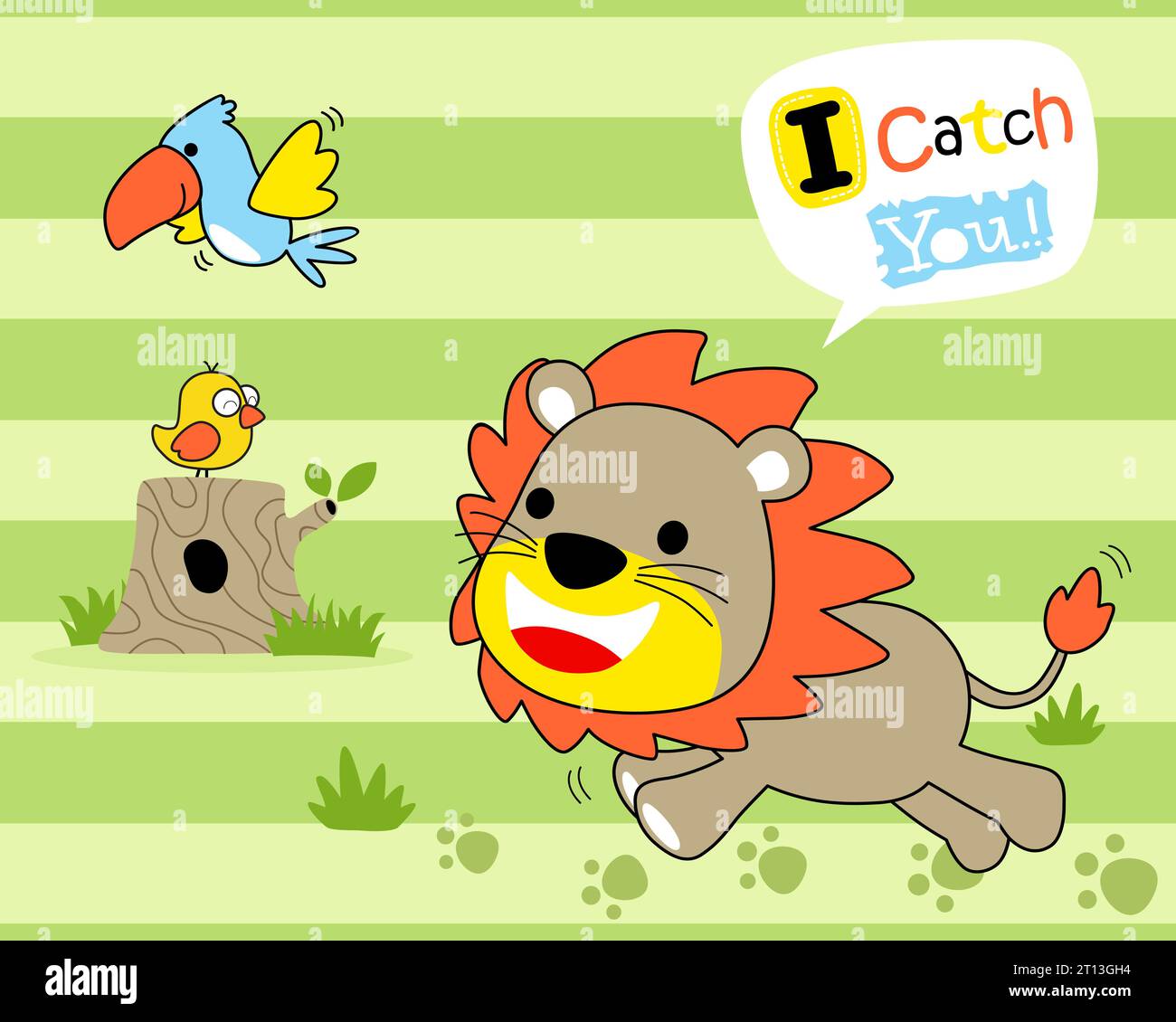 Animals cartoon vector, cute lion playing with birds in forest Stock ...