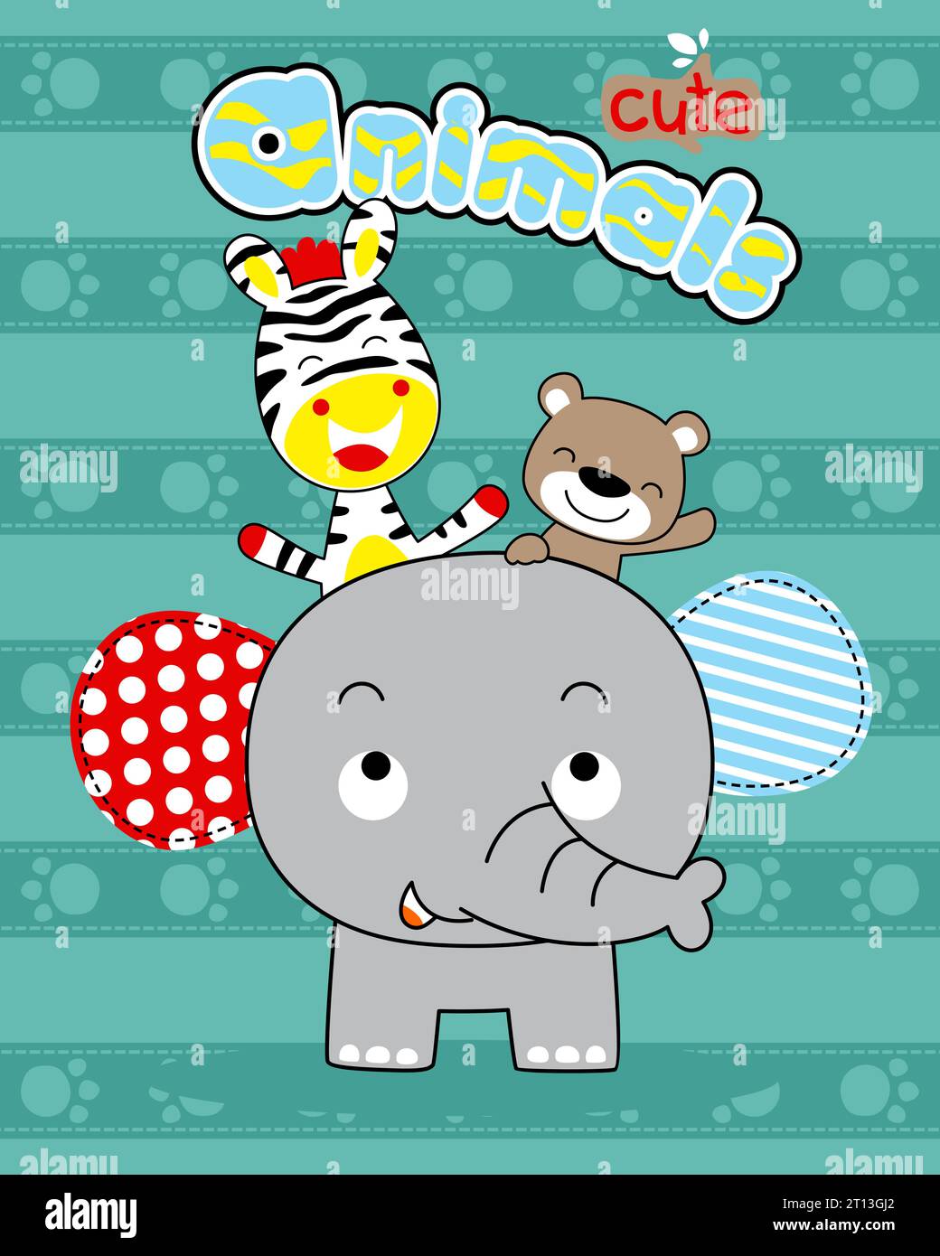 Cute animals cartoon vector with elephant, zebra, and bear on striped ...