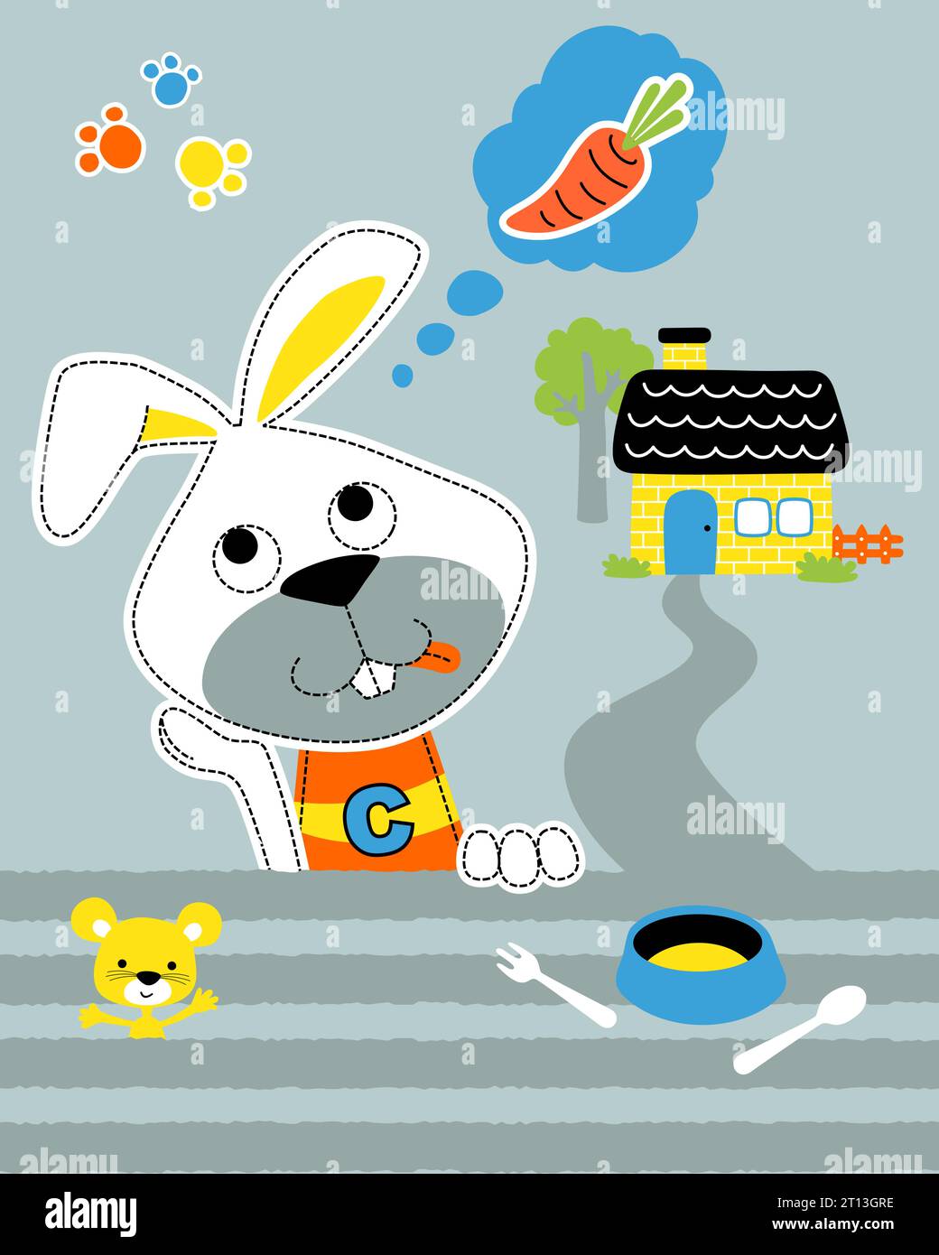 Animals cartoon vector, rabbit thinking about carrot on little home ...
