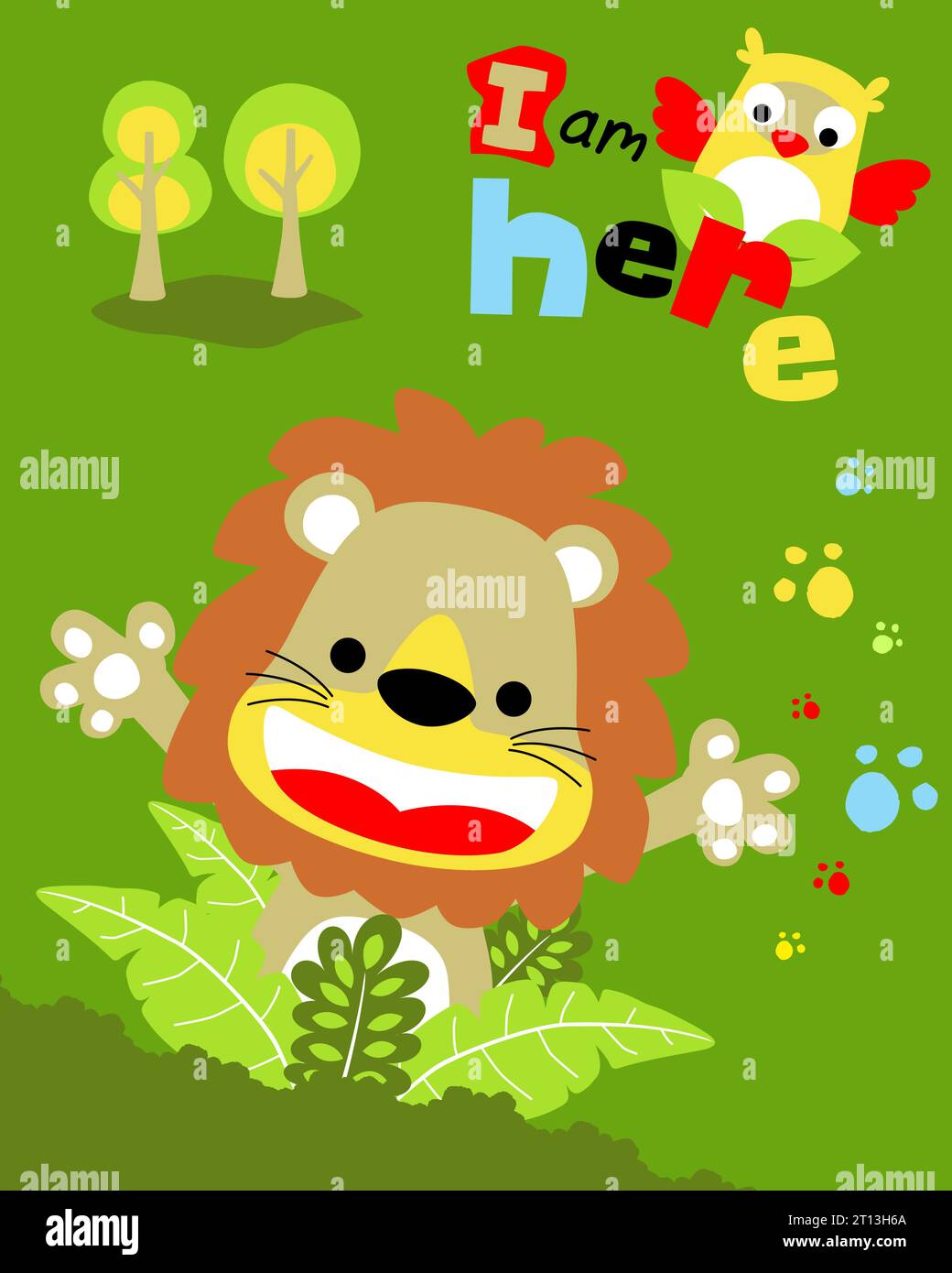 Lion cartoon with cute owl playing hide and seek in forest Stock Vector ...
