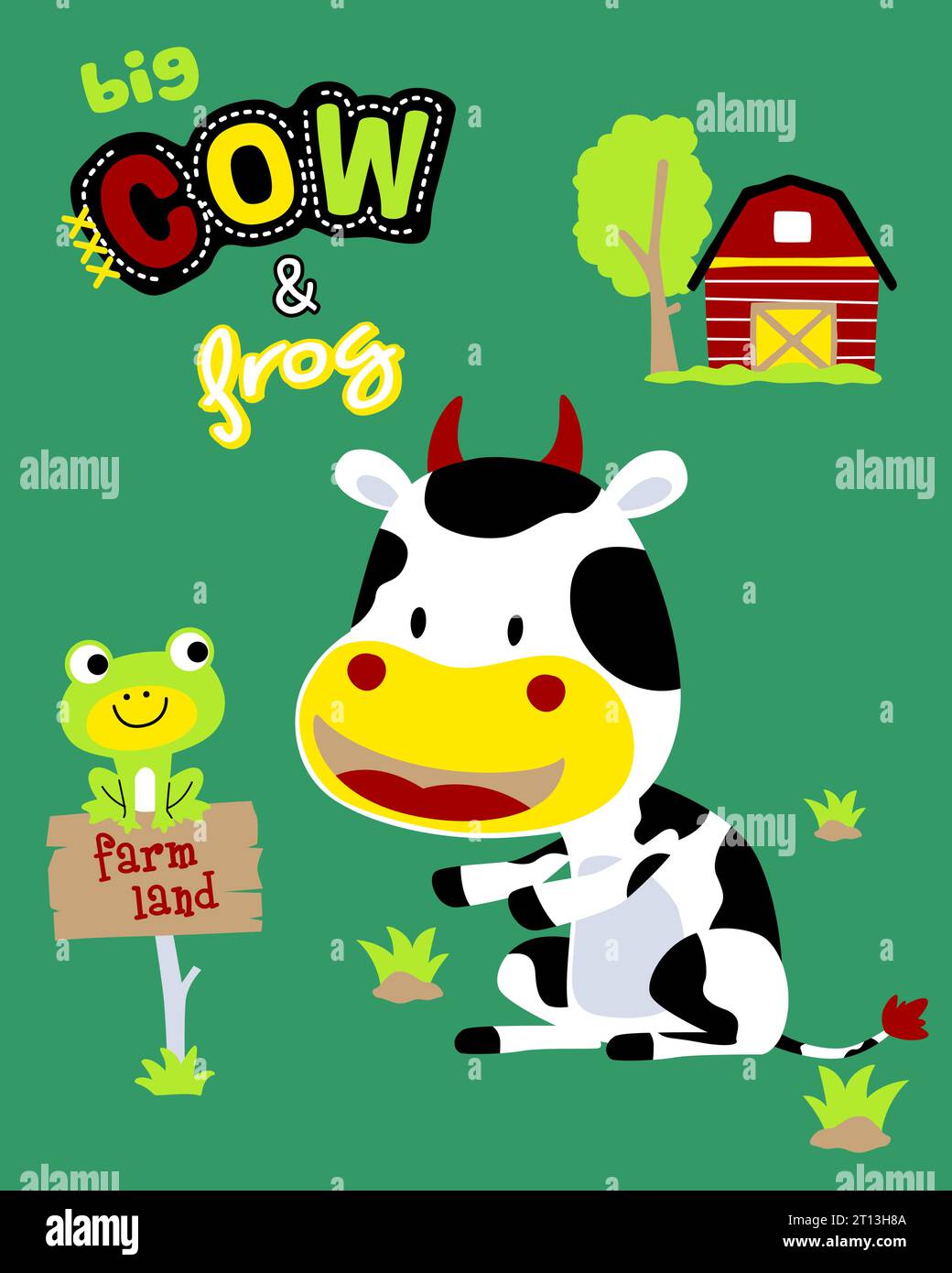 Vector cartoon of funny cow with little frog in the farm field Stock ...