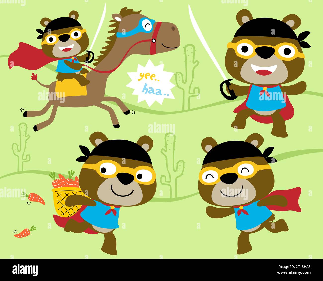 Vector set of little bear cartoon with superhero costume in different ...