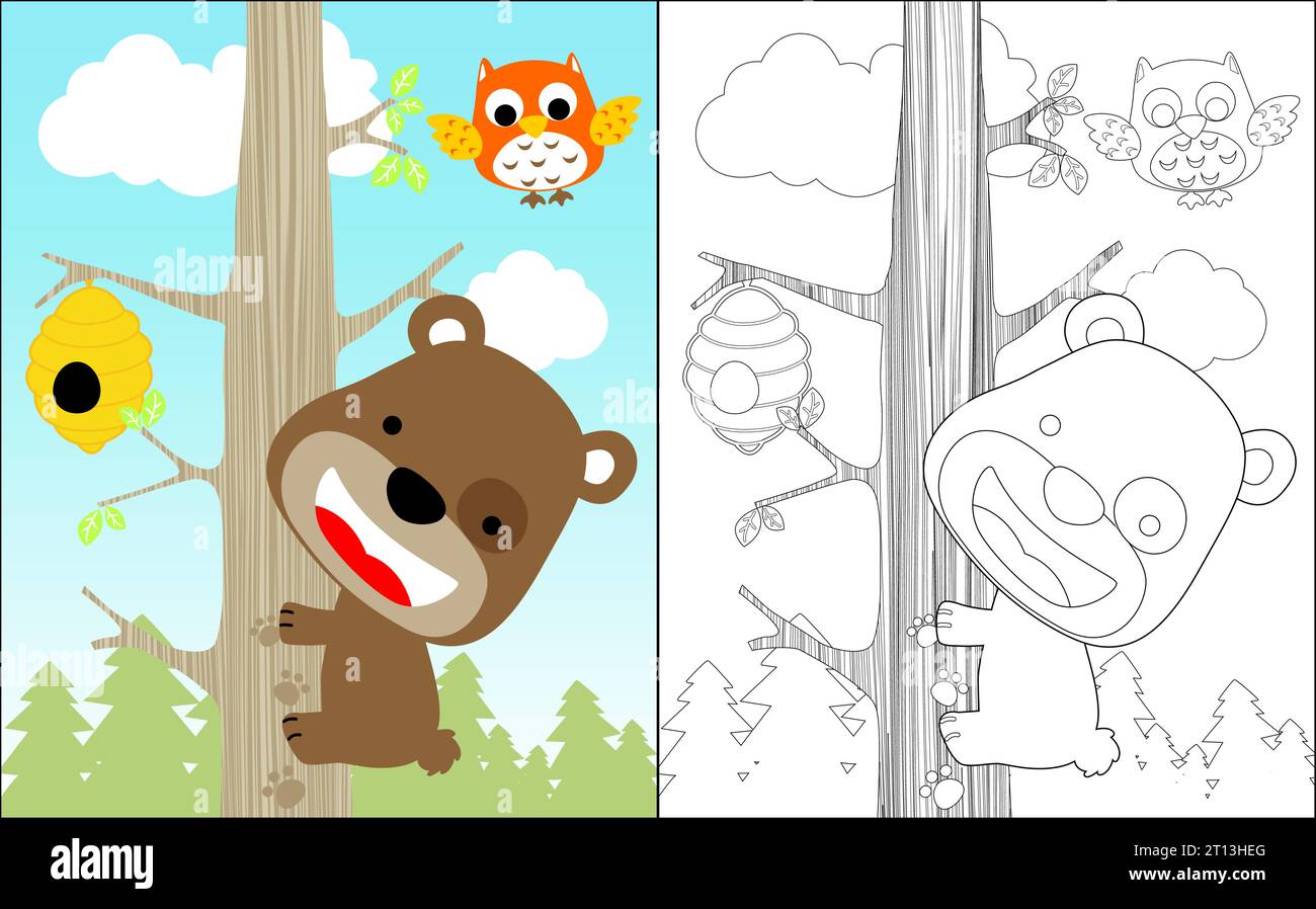 Coloring book of funny little bear cartoon climb a tree to take honey ...