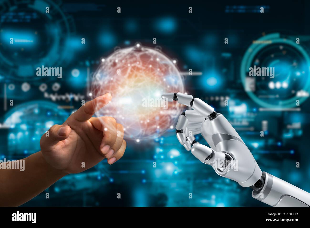 Hands of robot and human touching network connection big data ...