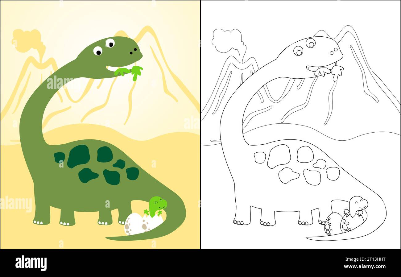 Vector illustration of coloring book with brontosaurus cartoon and it ...