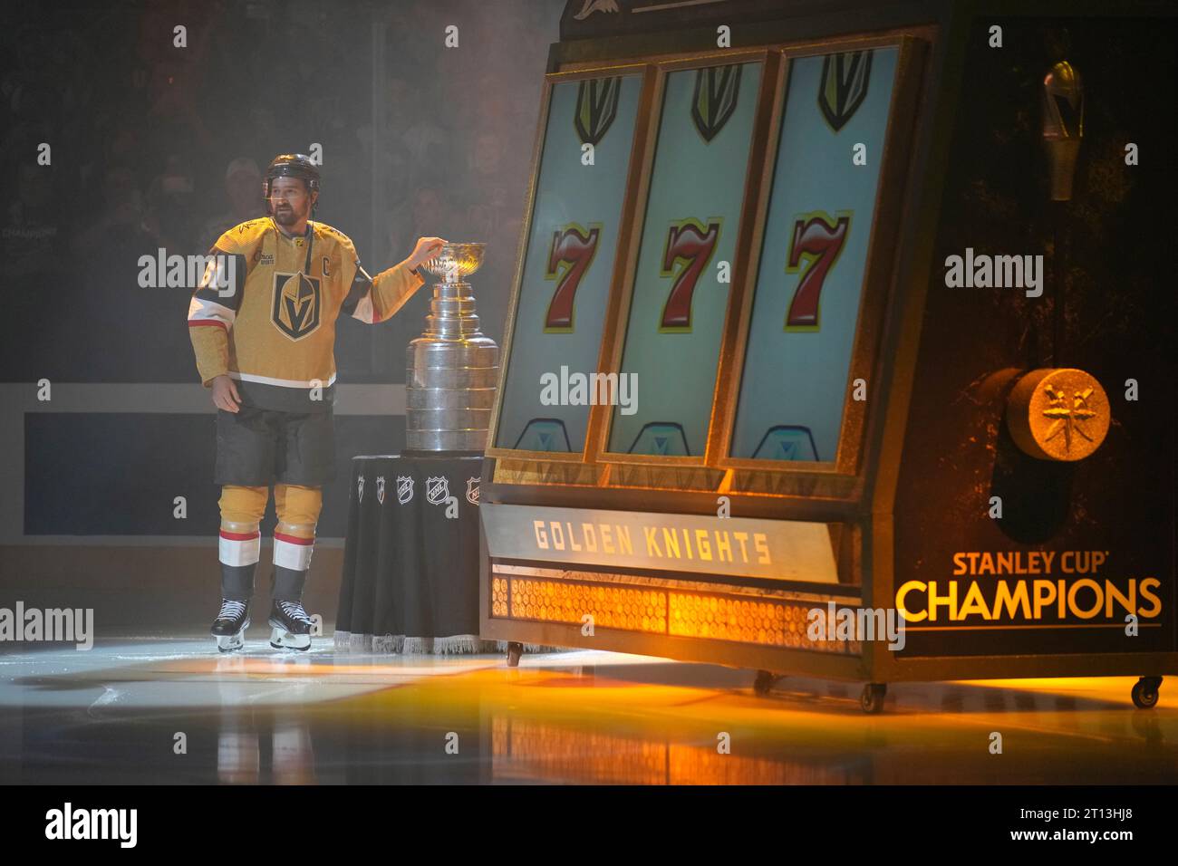 Vegas Golden Knights right wing Mark Stone (61) stands by the Stanley ...