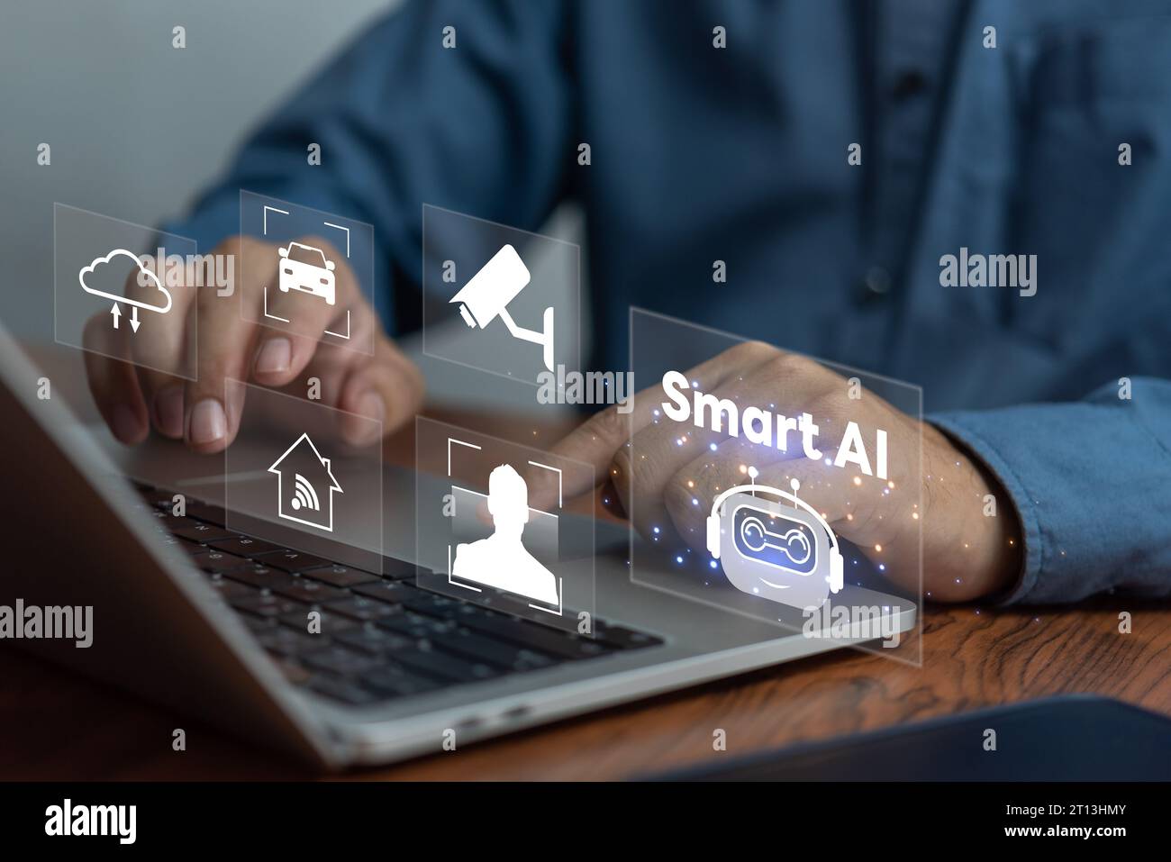 Hand using computer laptop with Artificial Intelligence AI smart ...