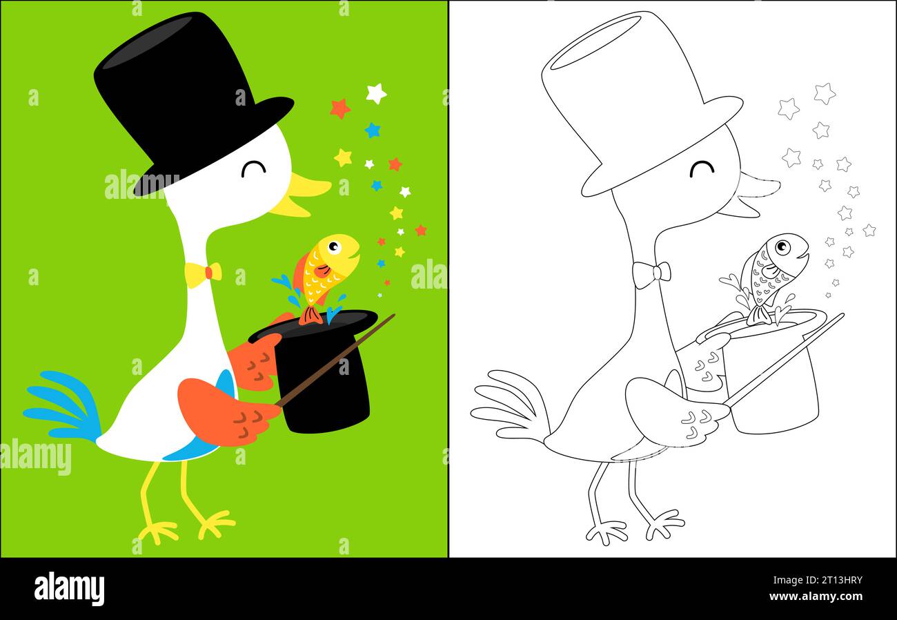 Coloring book of white crane and fish cartoon in magic show Stock ...