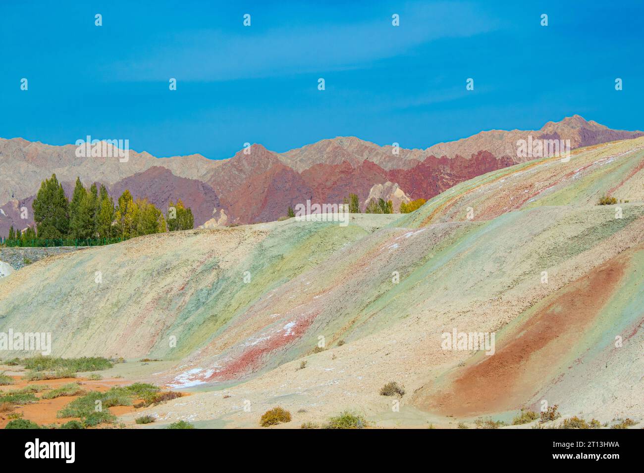 Amazing scenery of Rainbow mountain and blue sky background in sunset ...