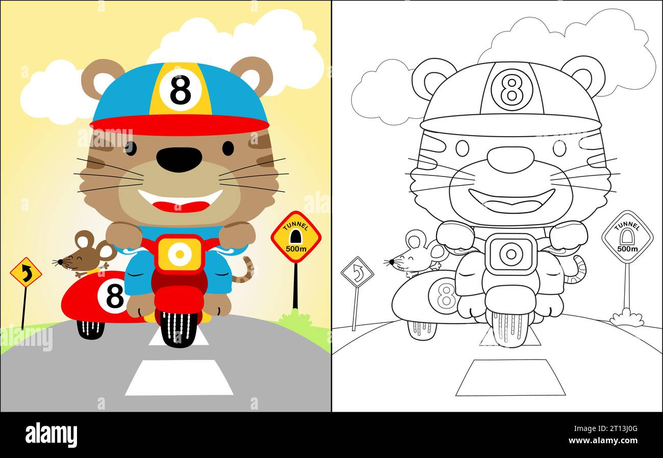 Vector illustration of coloring book with cat cartoon riding motorcycle ...