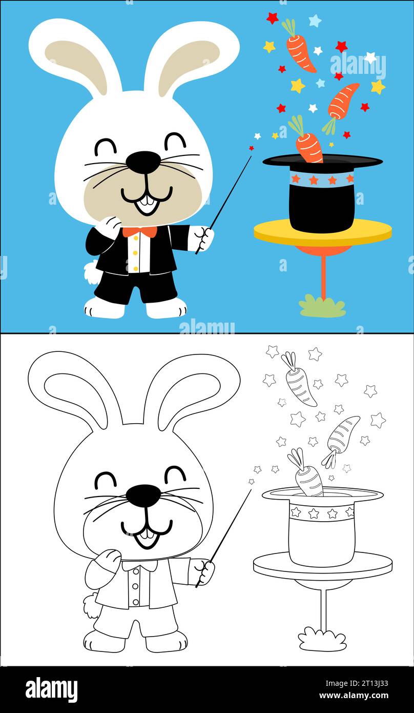 Vector illustration of coloring book with bunny cartoon in magician ...