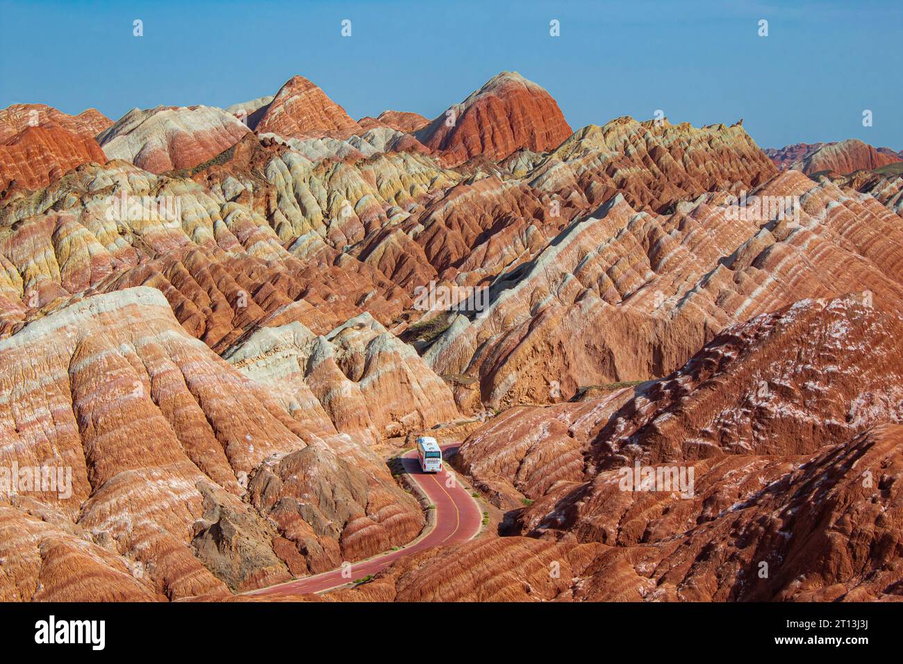 Curvy road through the colorful rainbow mountains. China landscape on ...