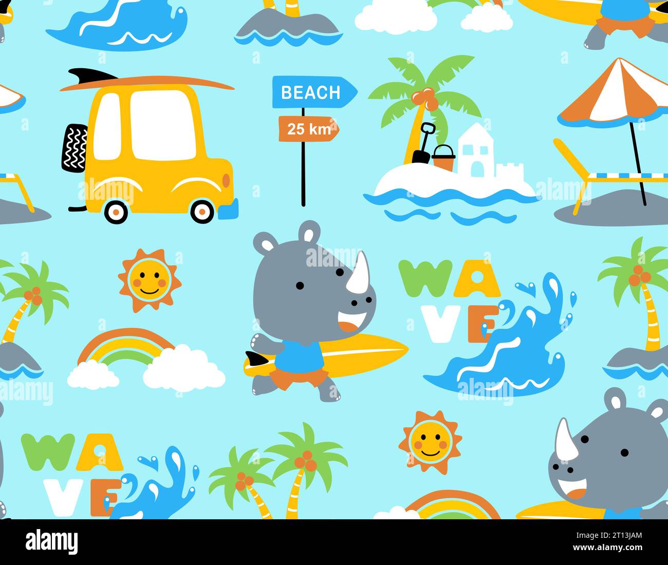 Seamless pattern vector of cute rhino surfing in the beach, summer beach vacation elements ...