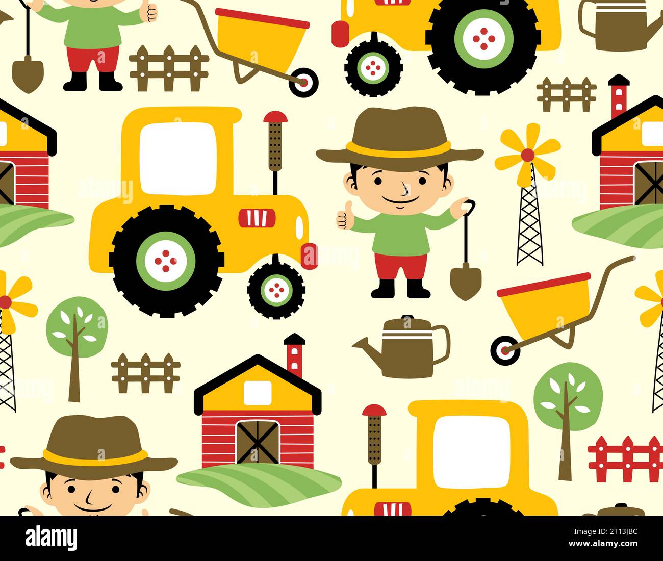 Seamless pattern vector of farmfield elements cartoon, little farmer ...