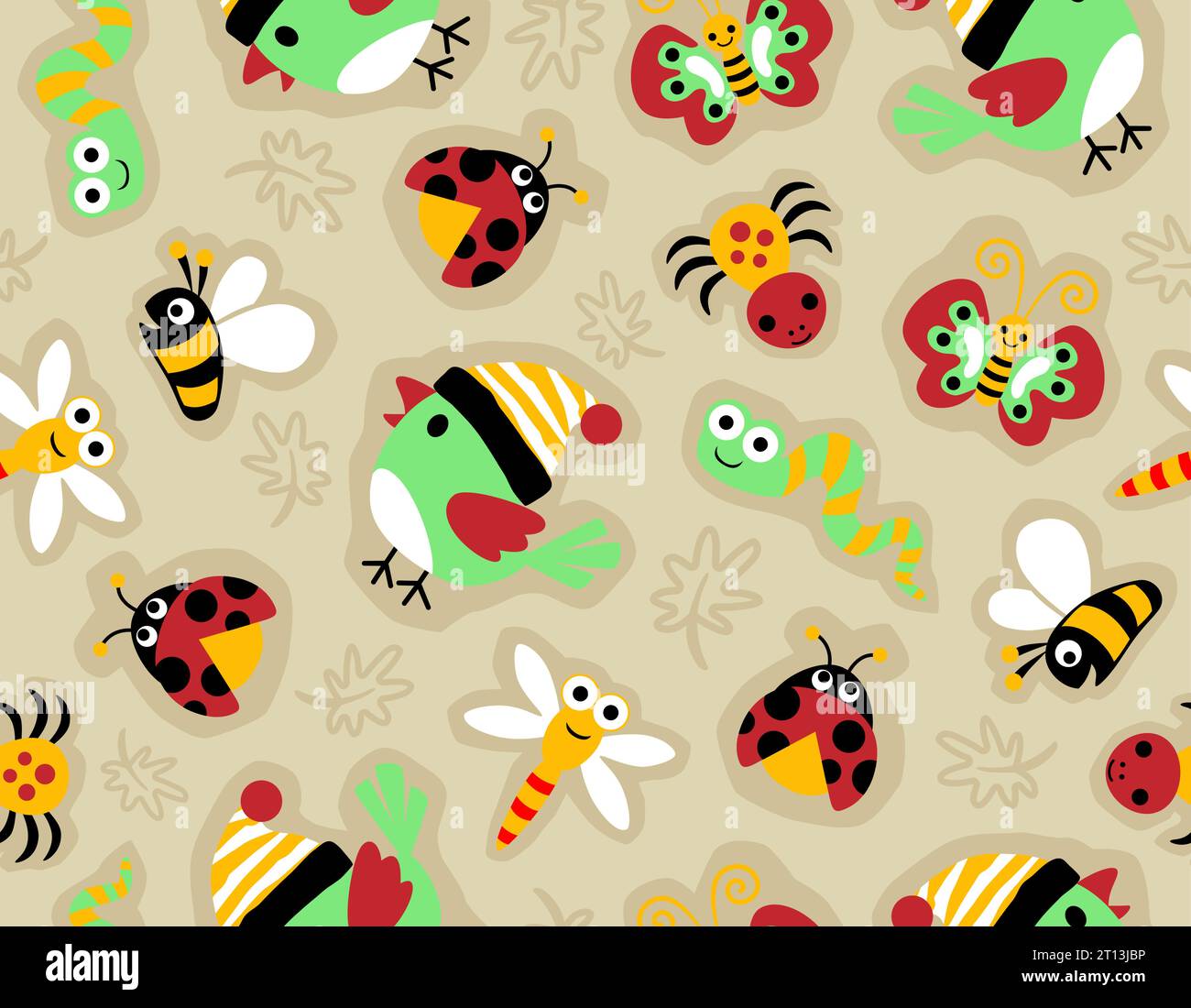 Seamless pattern vector of little bird cartoon with cute bugs Stock ...