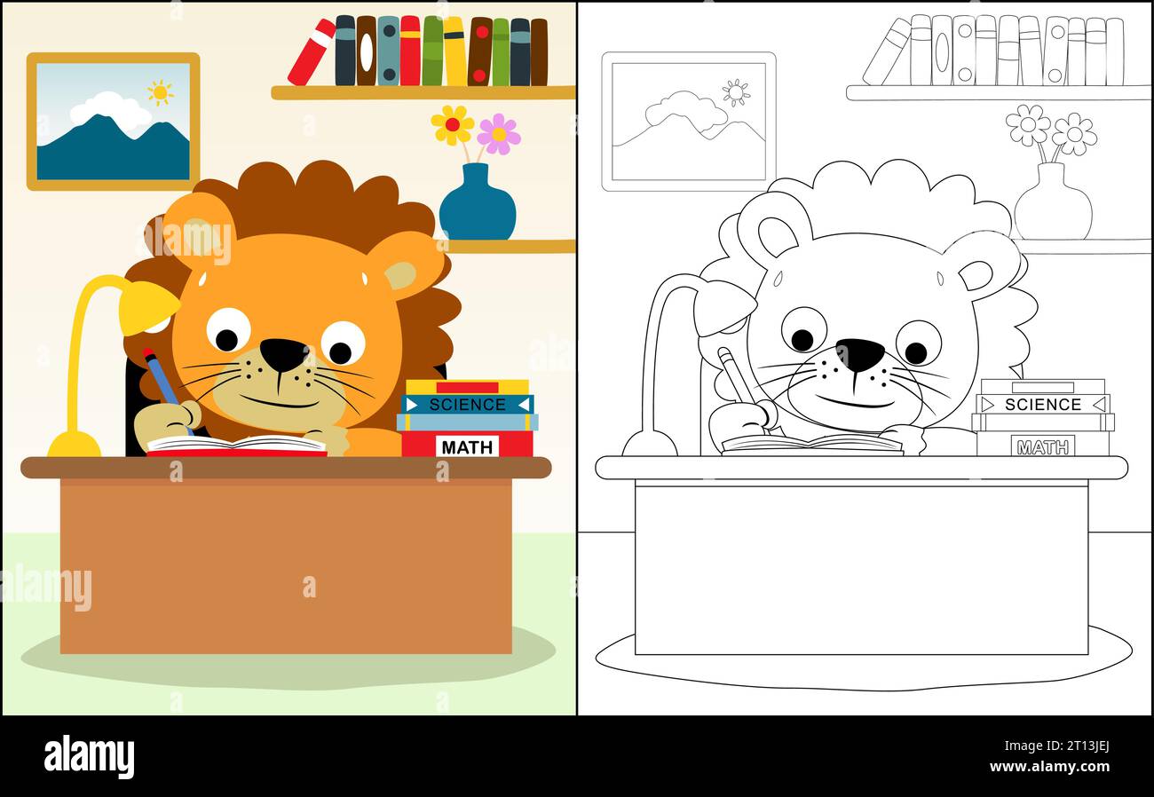 Coloring book or page with cute lion cartoon studying on table in ...