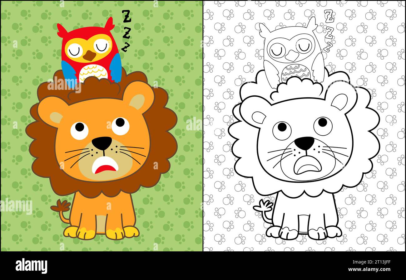 Coloring book or page with lion and owl cartoon on animals trail ...