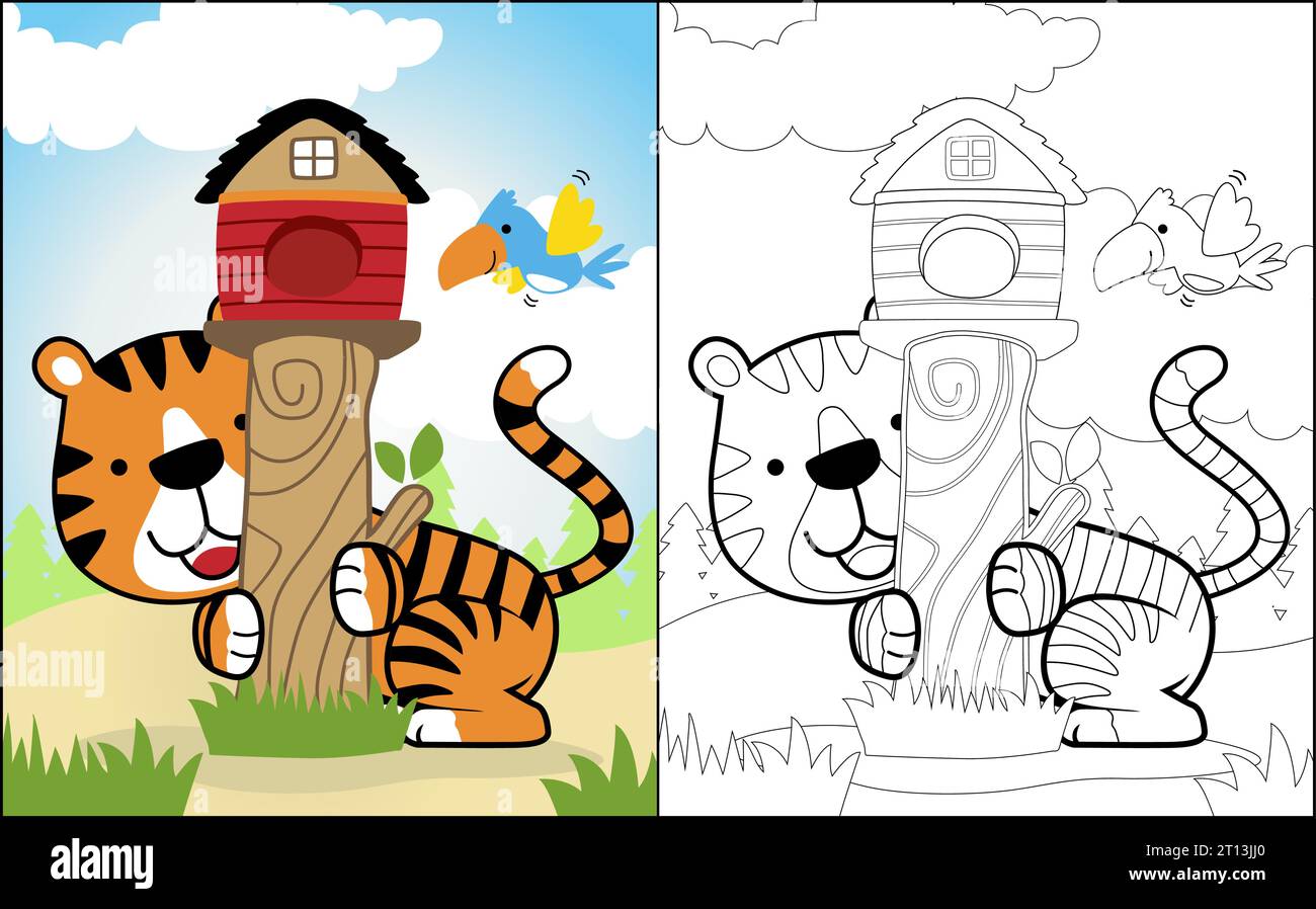 Coloring book or page of funny animals cartoon, tiger playing with bird ...