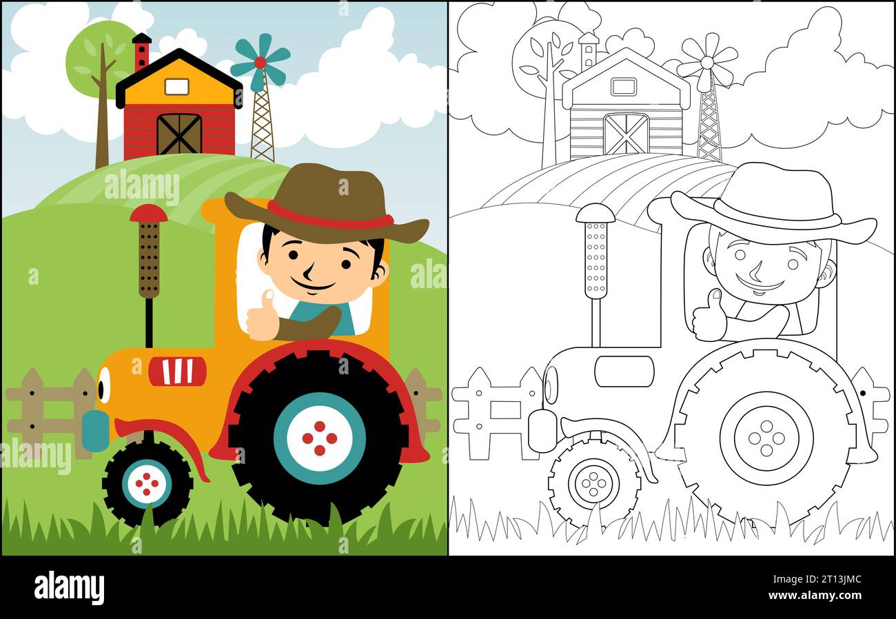 Coloring book or page with young farmer cartoon riding tractor on ...