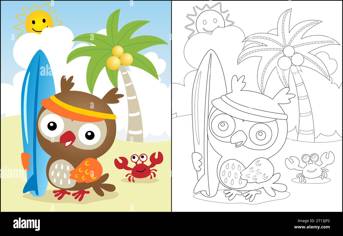 Coloring book or page, cute owl cartoon holding surfboard in the beach ...