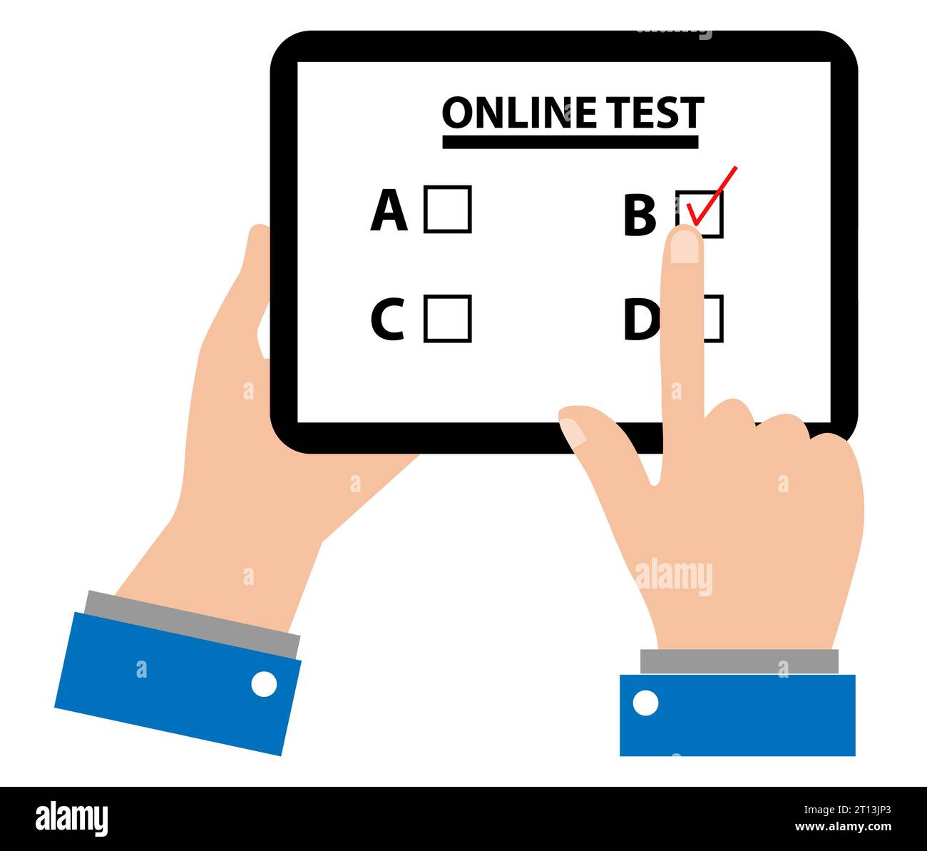 man holding tablet in hands icon. takes part in online test sign ...