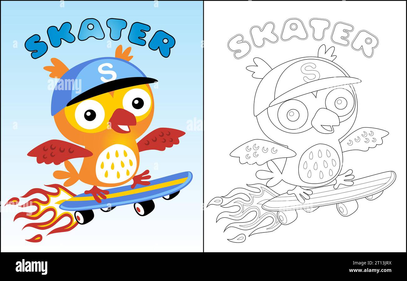 Coloring book or page with owl cartoon playing skateboard Stock Vector ...