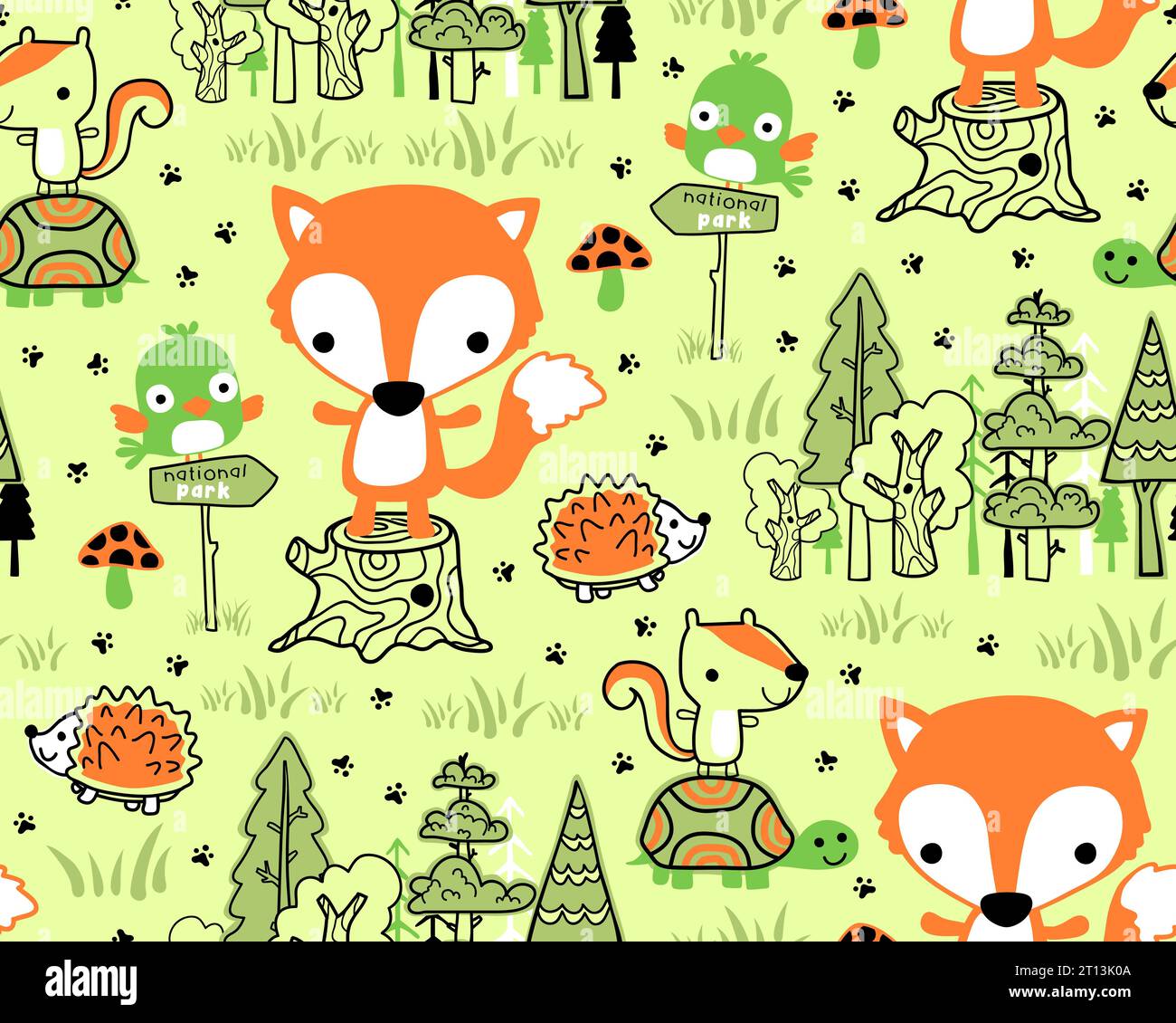 Seamless pattern vector with funny wood land animals cartoon Stock ...
