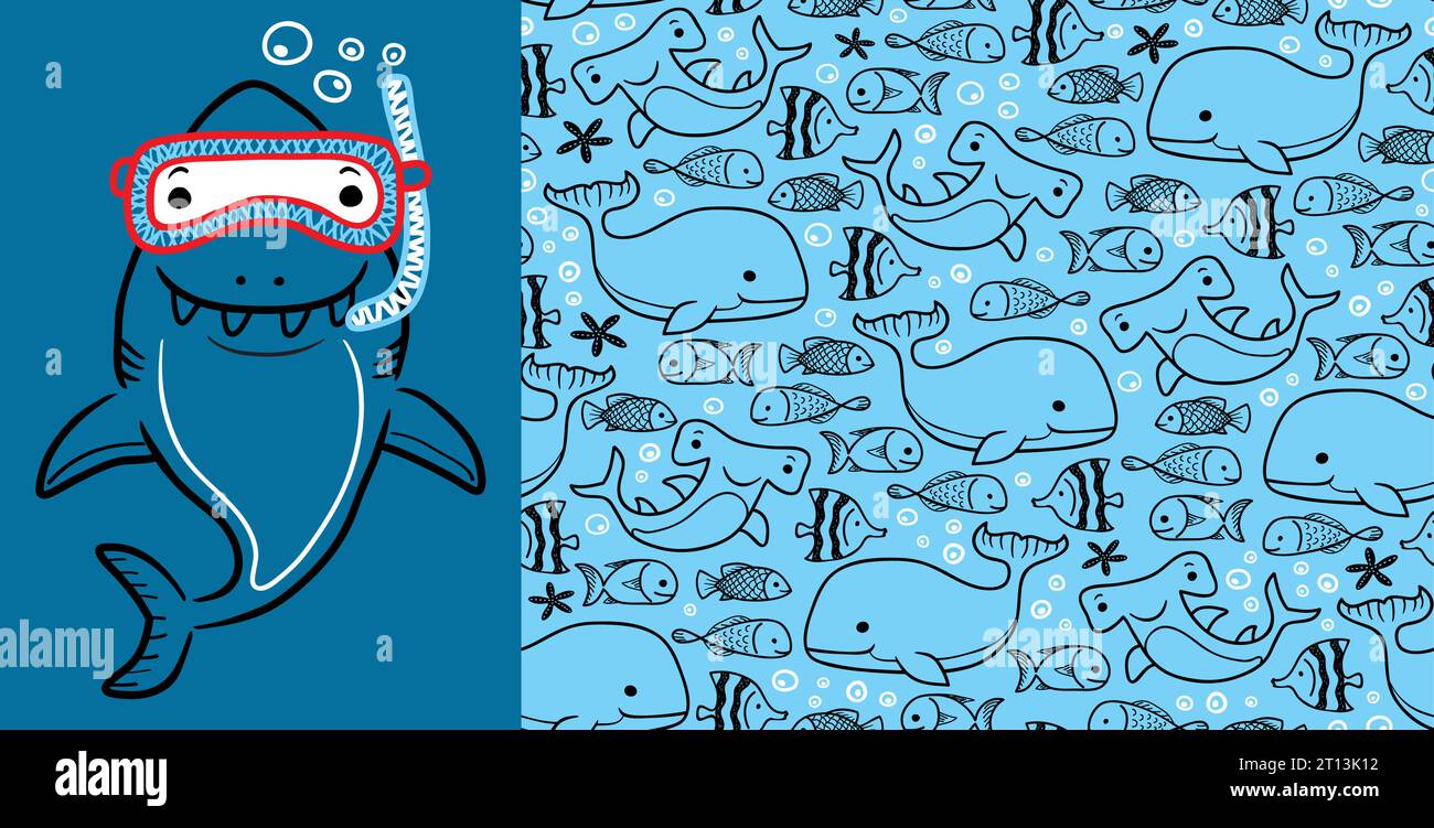Seamless pattern vector of marine animals cartoon with funny shark ...