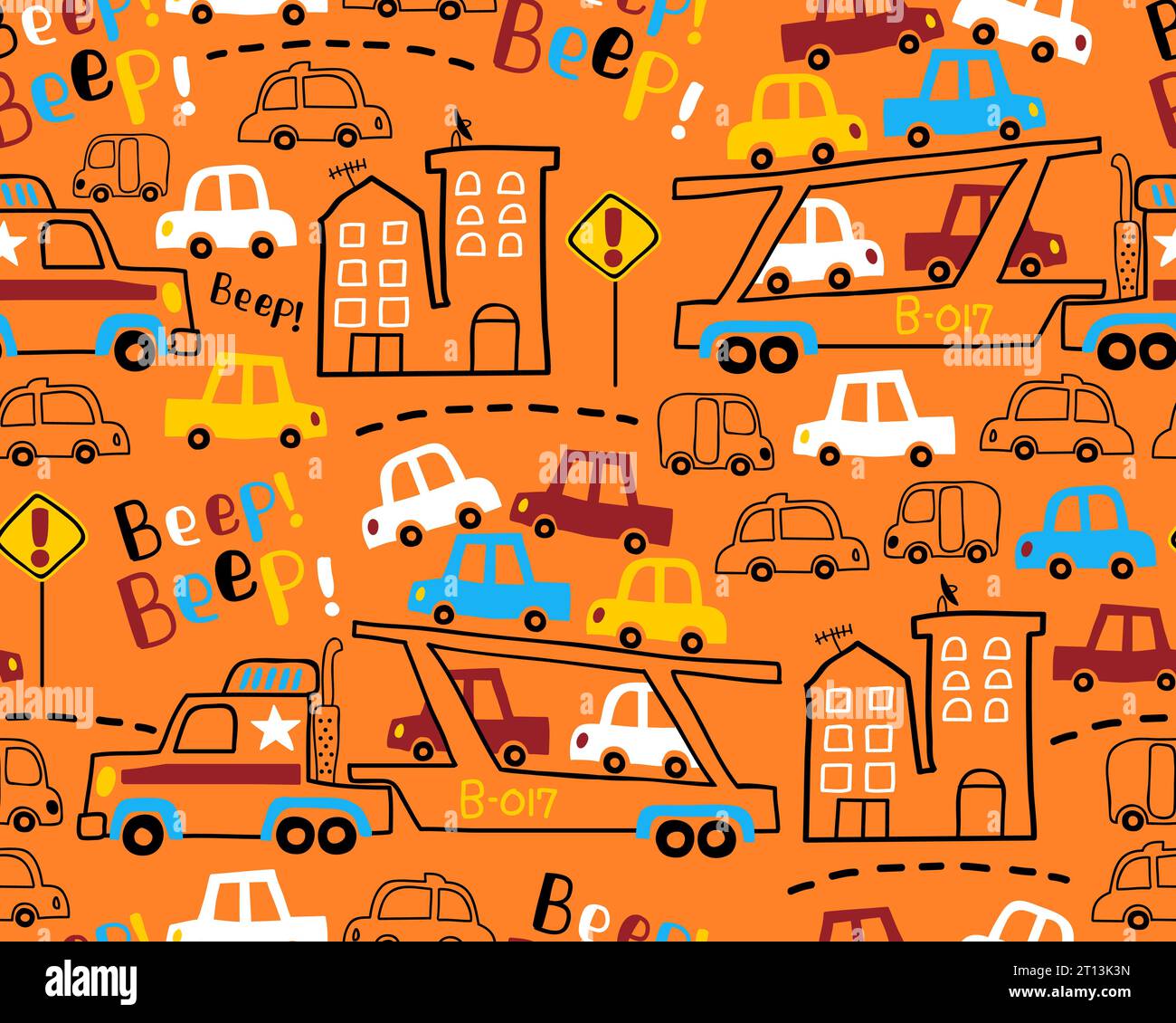 Seamless pattern vector of truck cars carrier cartoon, buildings ...