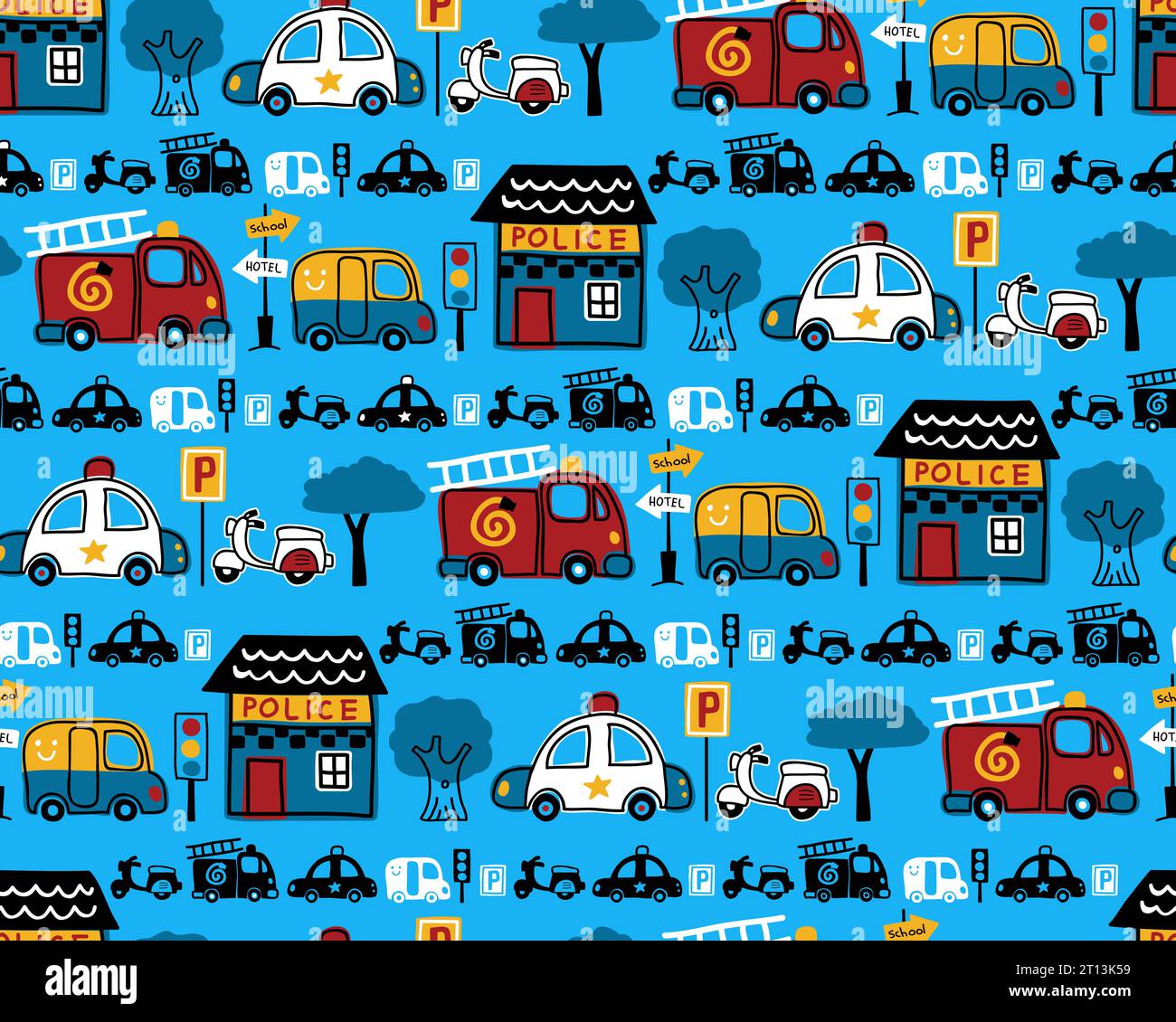 Seamless pattern vector of rescue vehicles cartoon, traffic signs ...