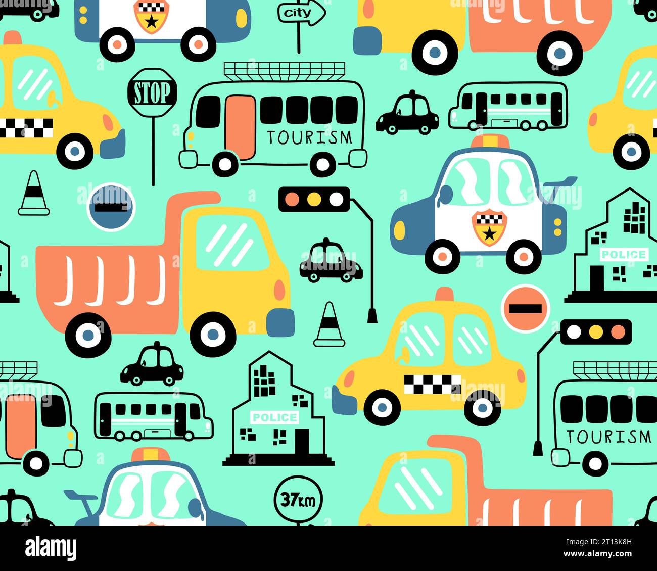 Seamless pattern vector of vehicles cartoon, traffic signs and ...