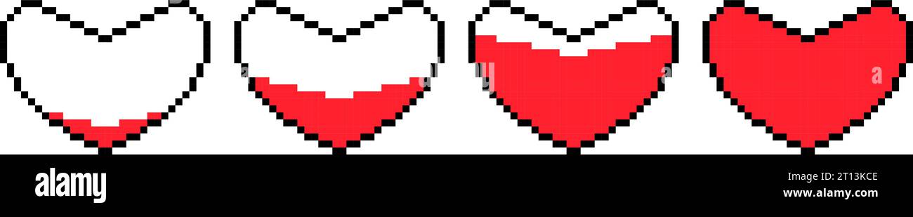 Pixel hearts set. 8 bit video game life or heart bar. Heart filling ...