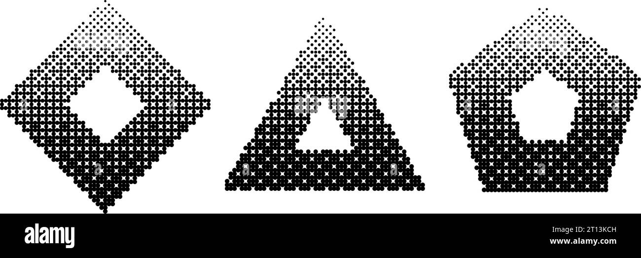 Geometric frames bitmap set. Dither gradient shapes collection. Rhomb, triangle, pentagon ...