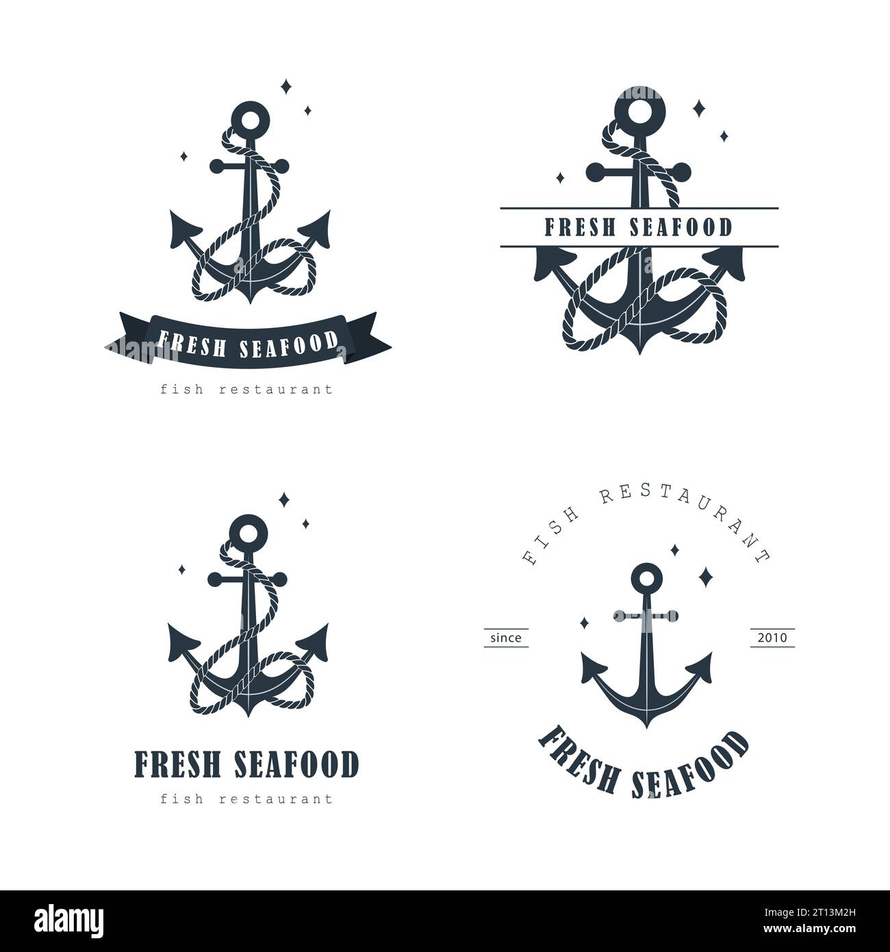 Set of fresh seafood logos. Vintage stickers with anchor icons. Marine ...