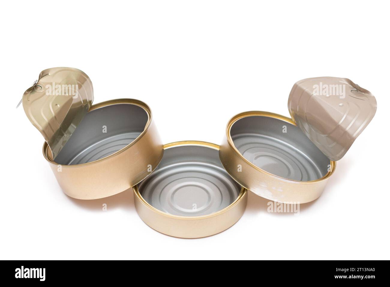 Three Opened Empty Tin Cans Isolated on White Background. Clean Used ...