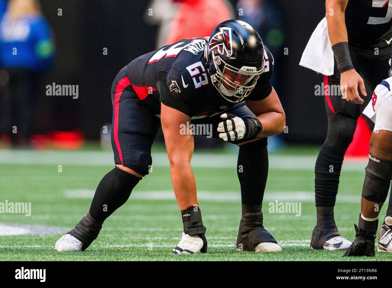 Atlanta Falcons guard Chris Lindstrom (63) lines up during the first ...