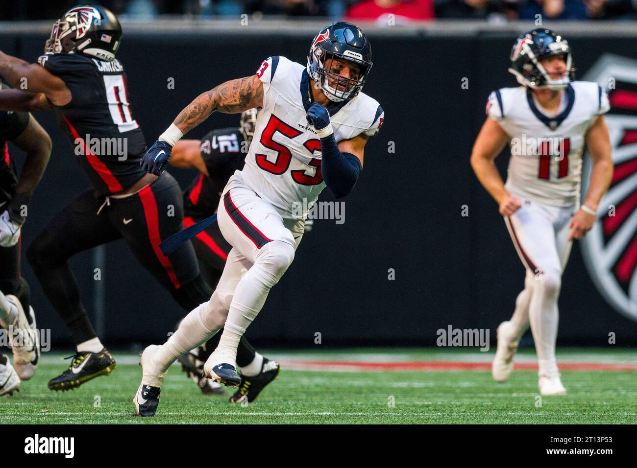 Houston Texans linebacker Blake Cashman (53) works during the first ...