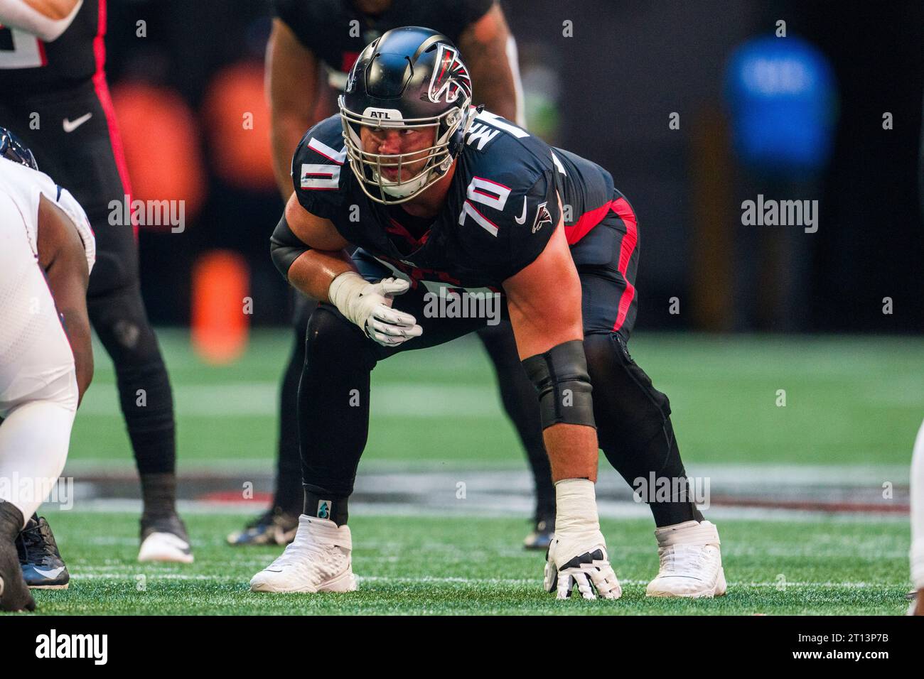 Atlanta Falcons offensive tackle Jake Matthews (70) lines up during the ...