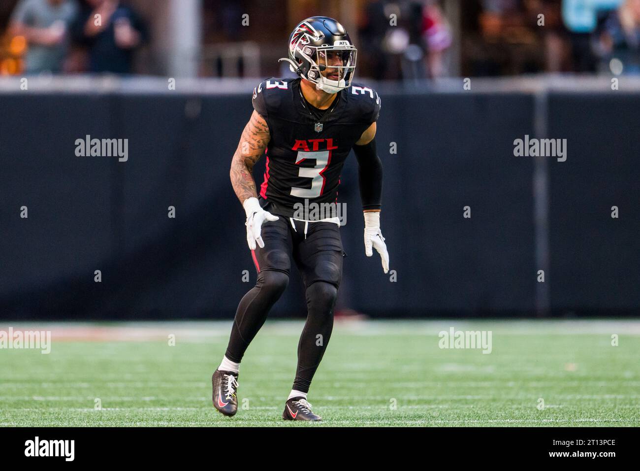 Atlanta Falcons safety Jessie Bates III (3) works during the first half ...