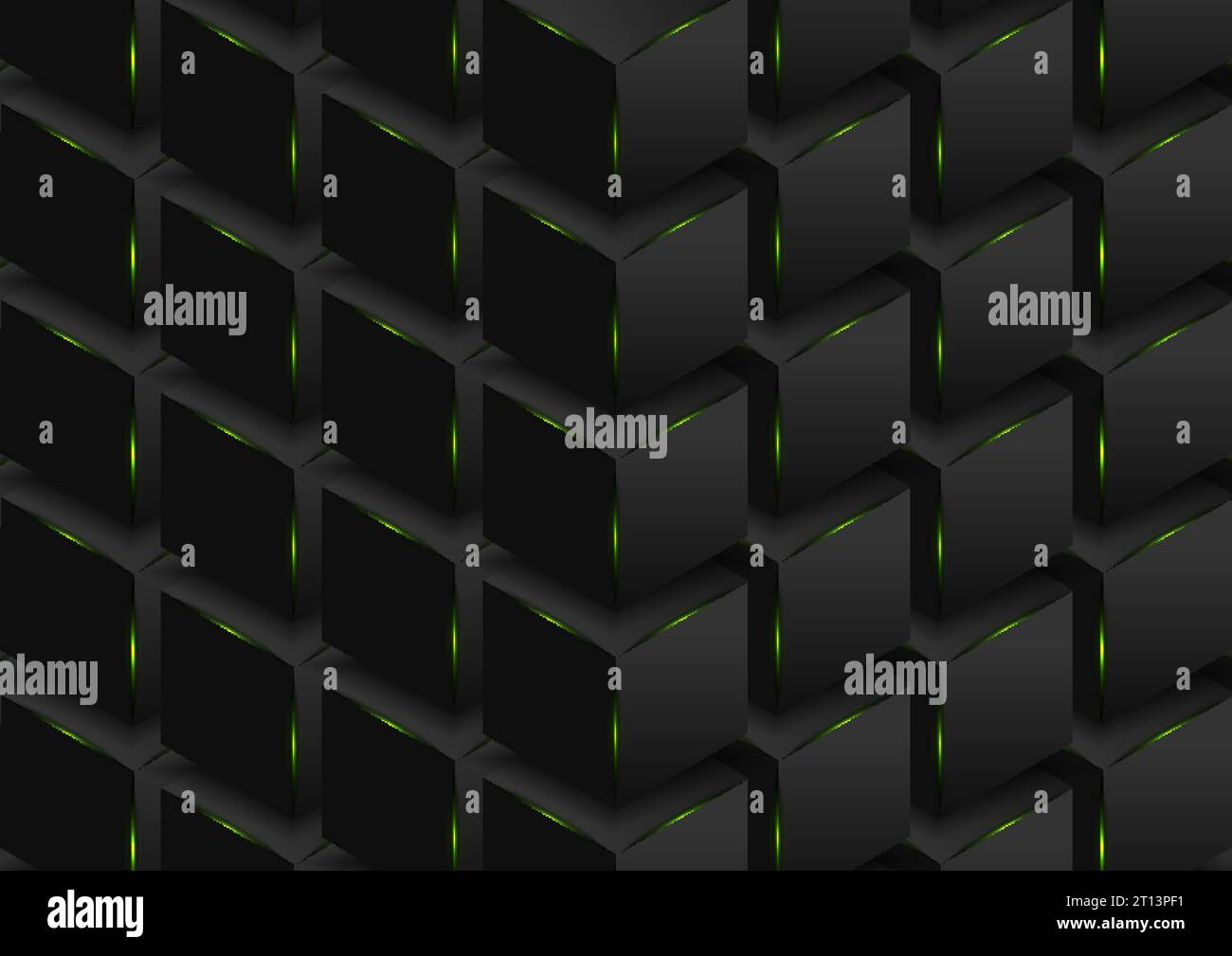 Abstract black 3d cubes with green glowing lights technology background. Geometry vector design ...