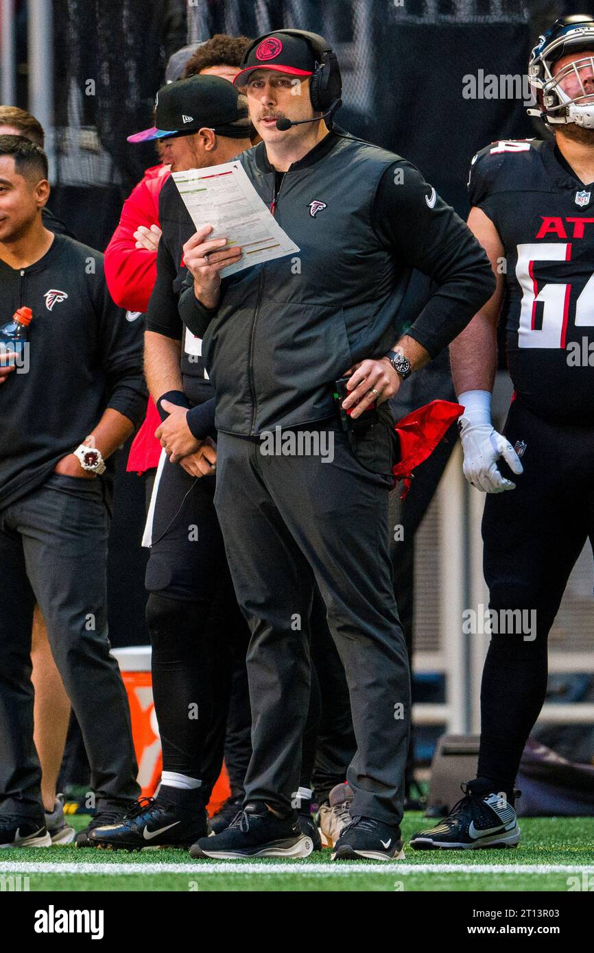 Atlanta Falcons head coach Arthur Smith works during the first half of ...