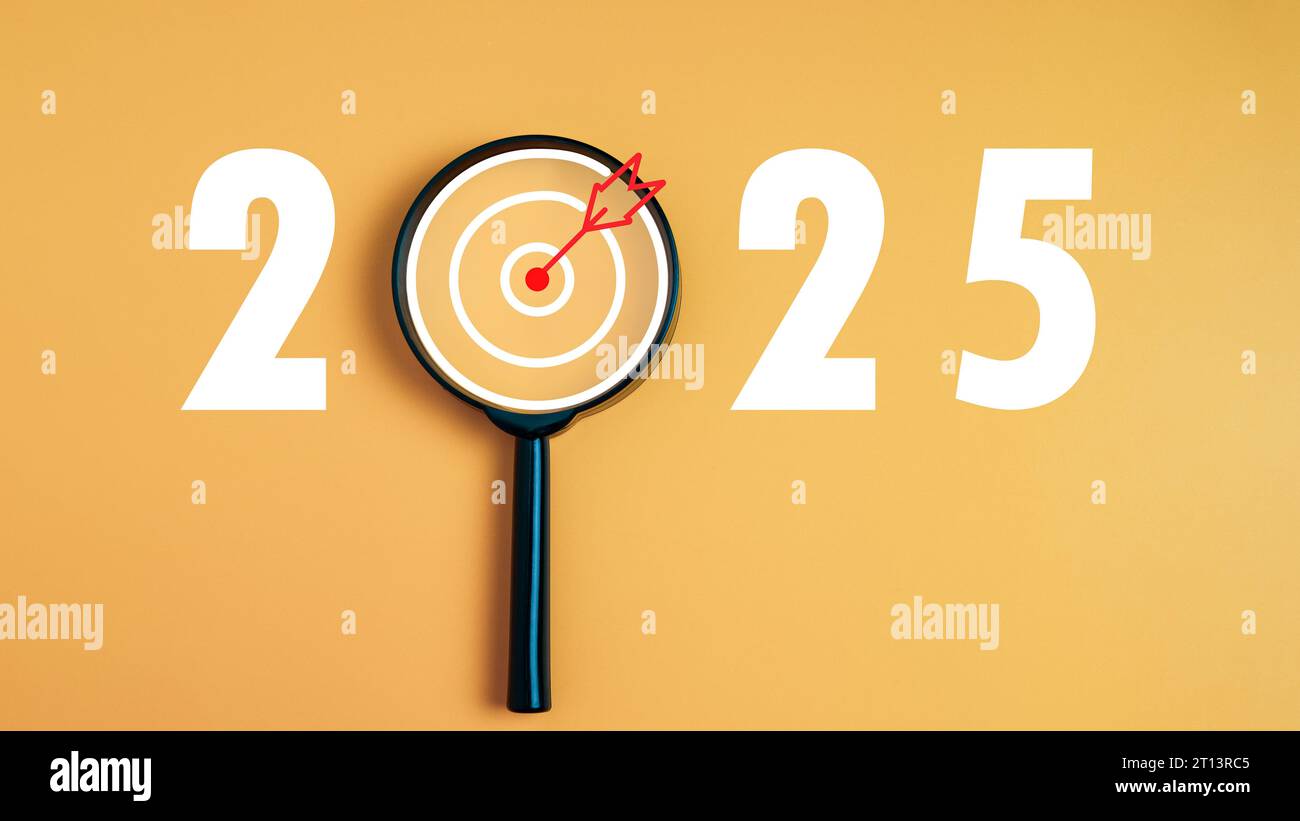 Dartboard icon in a magnifying glass centered on the number 2025 on a ...