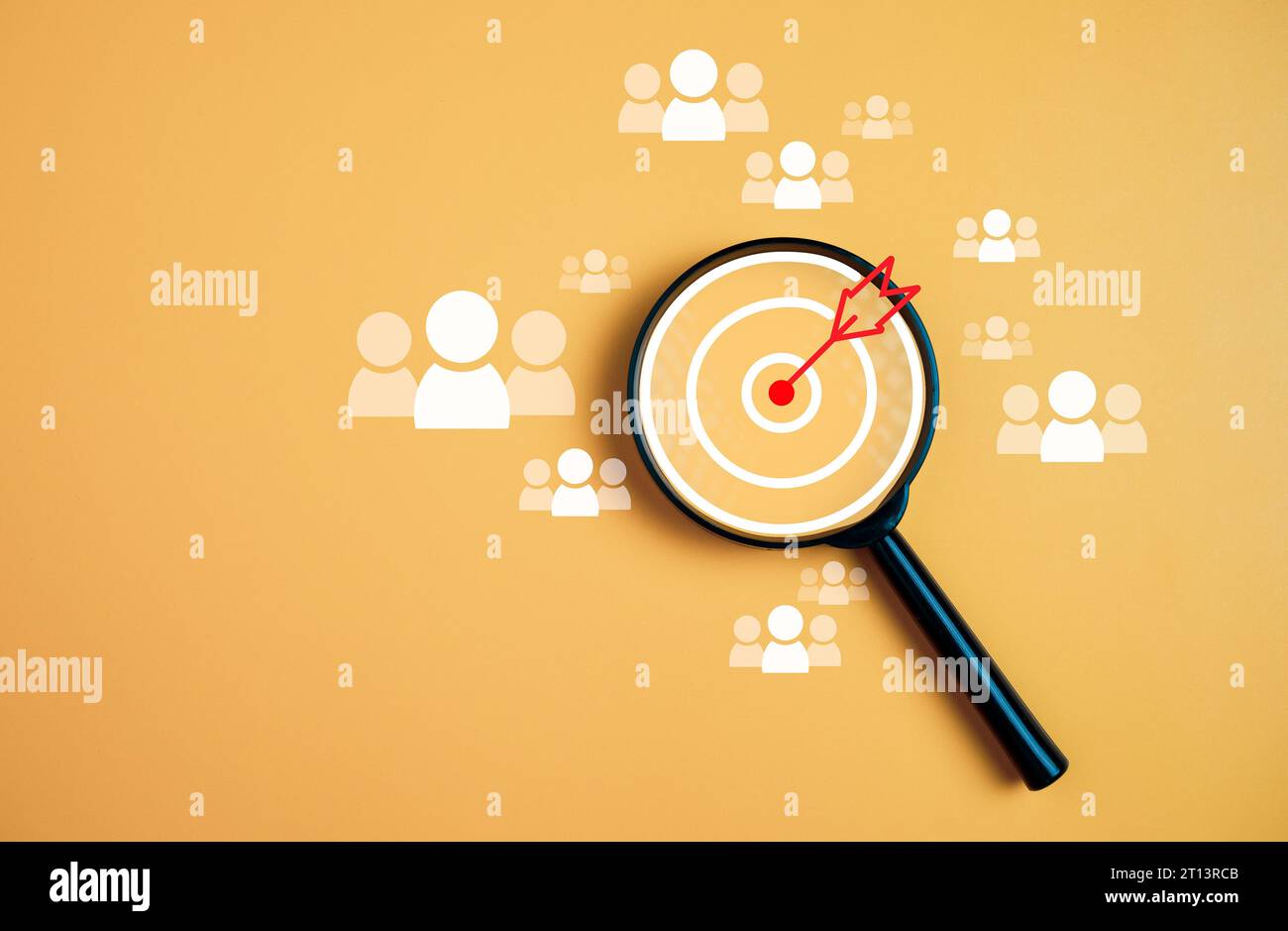 Customer group icons in a magnifying glass placed on a yellow ...