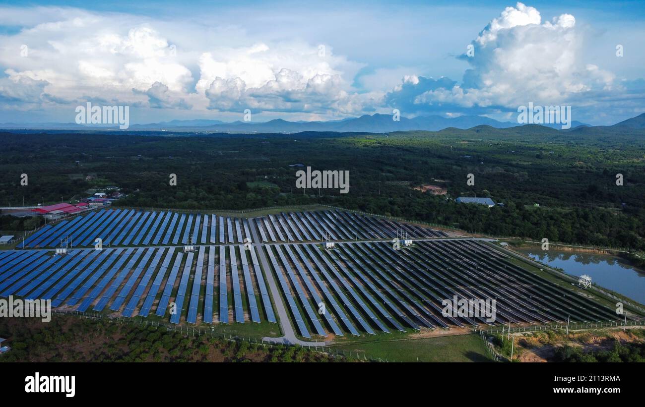 Drone aerial view of Solar panels system power generators from sun. Top ...