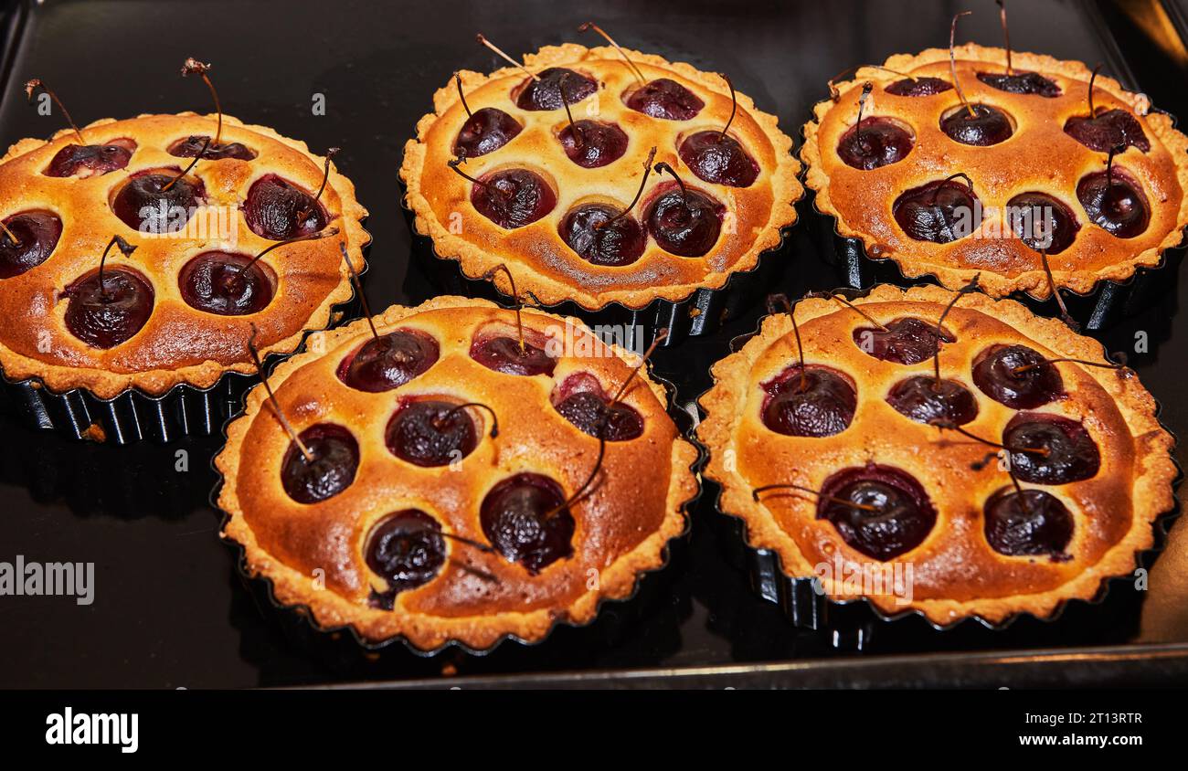 Ready-made cherry pie in large and small form after baking in an ...