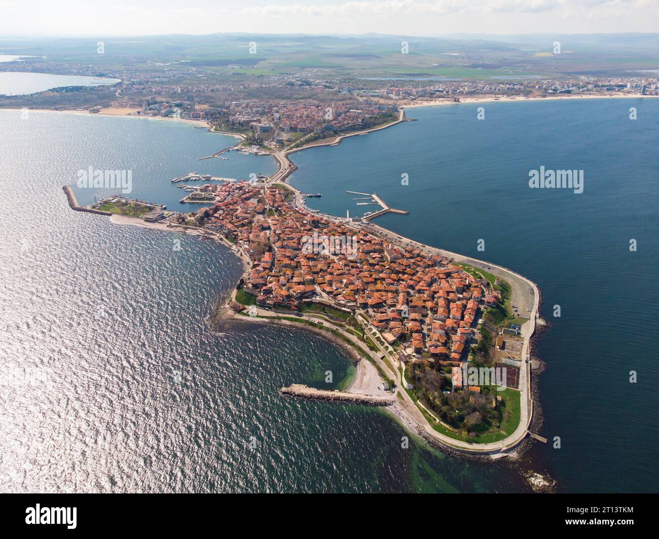 Aerial top view of Nesebar, ancient city on the Black Sea coast of ...