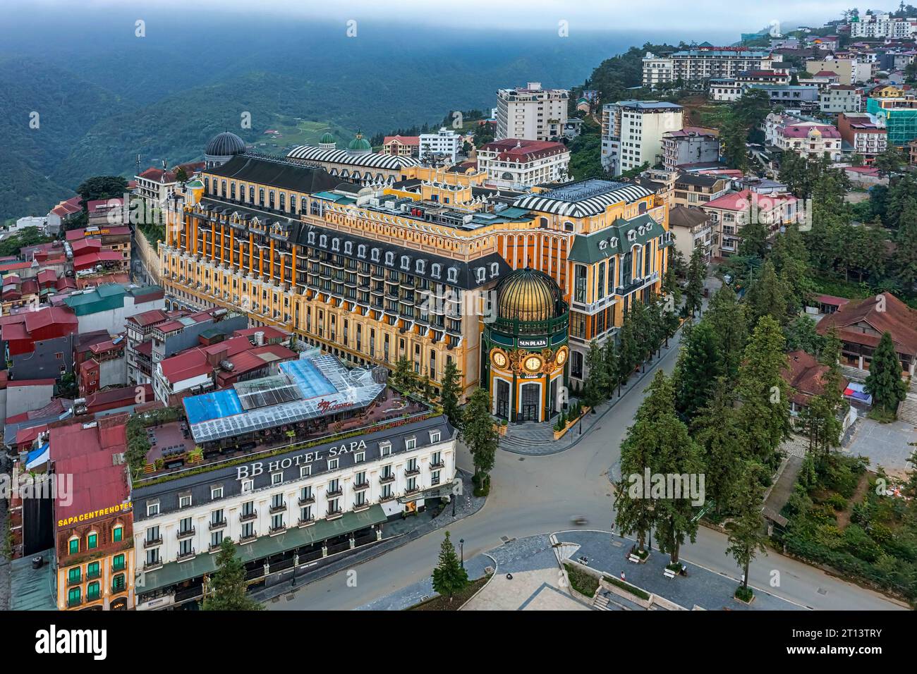 SAPA, VIETNAM - AUG 18, 2023: Aerial view of Sapa town center, Lao Cai ...