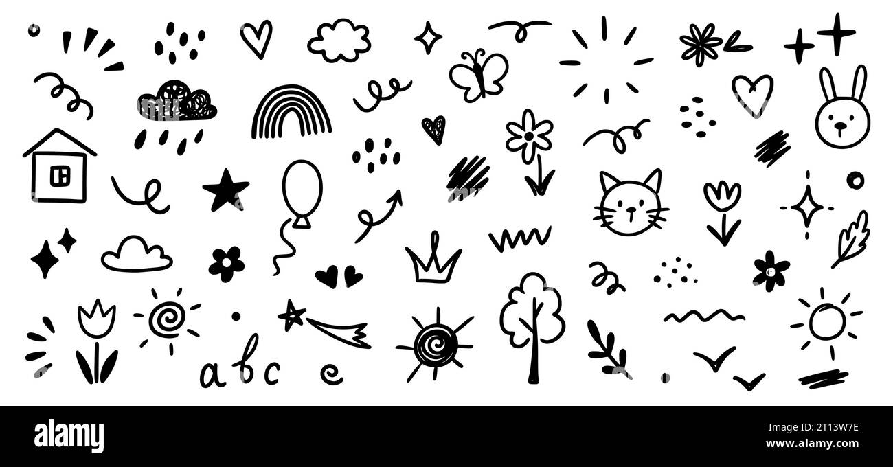 Hand drawn kid icon sketch funny cute element flower, cloud, balloon ...