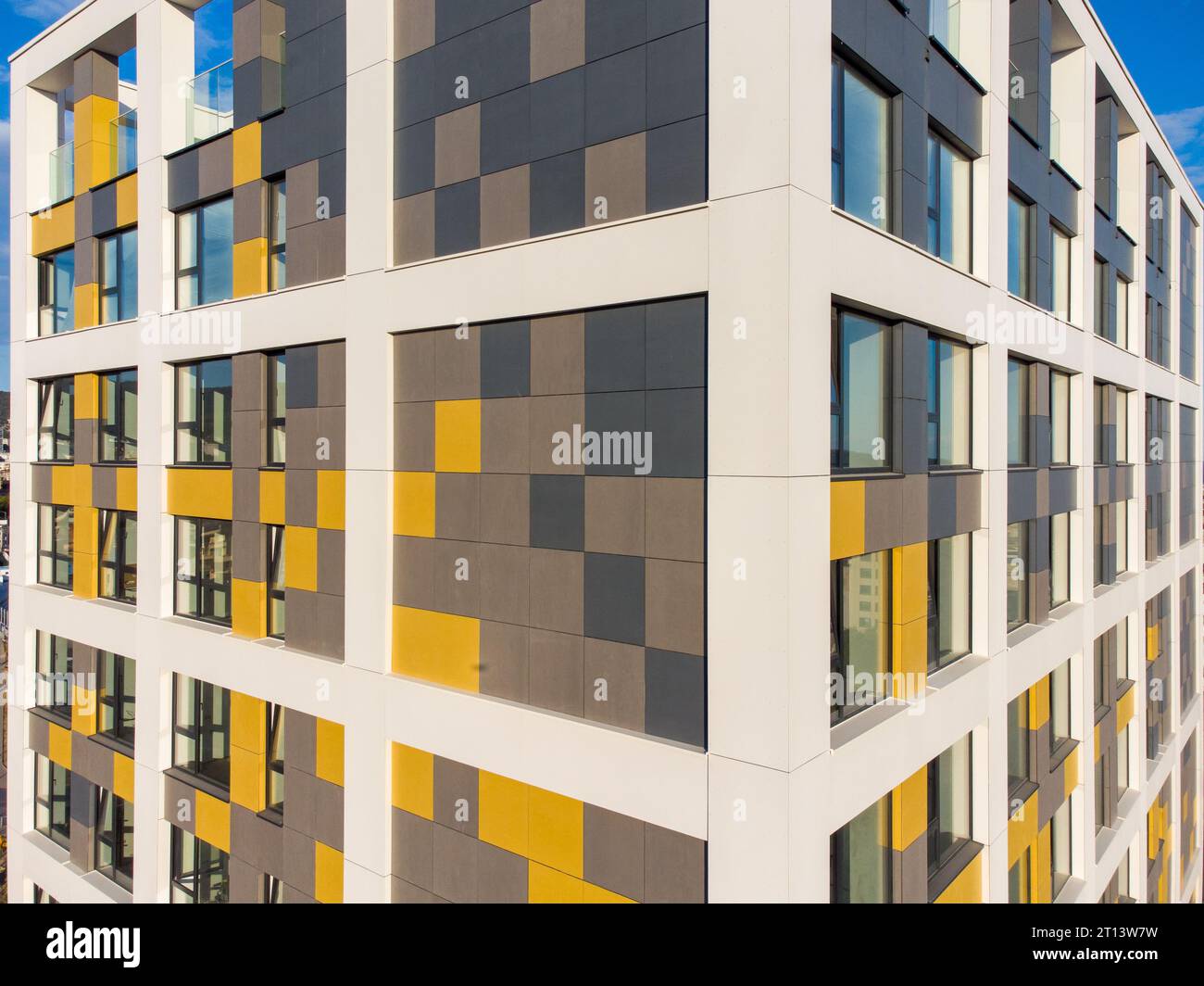 Facade of modern office or residential building drone video aerial view ...