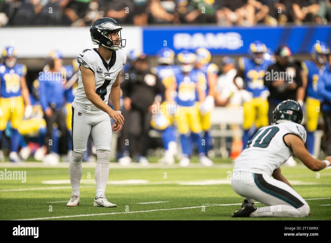 Philadelphia Eagles place kicker Jake Elliott (4) kicks the ball during ...